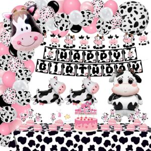 120pcs cow birthday party decorations, cow print birthday decorations include pink cow balloon garland arch tablecloth banner toppers balloons for cow themed birthday party supplies