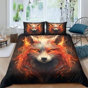 fox comforter covers quilt cover 3d print fire duvet cover for teens and adults with zipper closure bedding set soft microfiber with pillow cases 2 pieces twin（173x218cm）