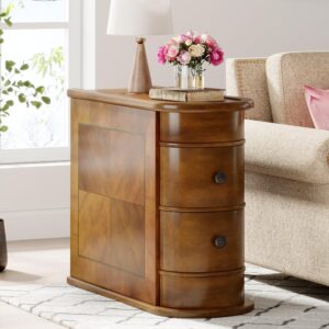 wood end table with 2 drawers, no assembly required narrow sofa side table for living room, vintage slim nightstand bedside table for bedroom, finished back (2 drawers, brown, 1pc)