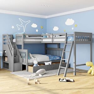 bovza twin over full l-shaped bunk bed corner loft bunk beds with storage drawers, angled ladder and stairs, wood triple bunk bed for 3 kids teens adults, gray