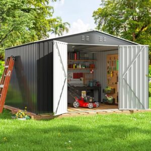 airwire 10x8 ft metal storage shed, large outdoor shed with updated frame structure, garden tool sheds for backyard patio lawn, grey