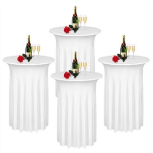 albassa 4 pack cocktail table covers 32"x 43" spandex stretch round cocktail tablecloths with wavy drapes fitted high top bar table skirt for wedding party banquet (white, 4 pcs)