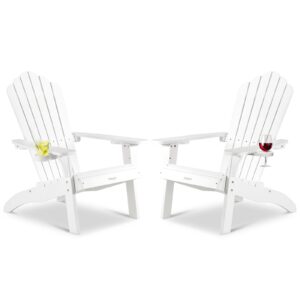 cecarol adirondack chairs set of 2, outdoor fire pit chair with cup holder, adirondack patio chair weather resistant for outside, porch, lawn, garden- ac01s, white