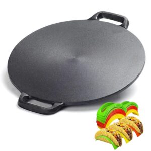 sisigoo 12-in cast iron pan with 10 taco holders, comal para tortillas, crepe pan nonstick, iron tawa pan for indian dosa, cast iron griddle, non-stick flat pan, cast iron pizza pan