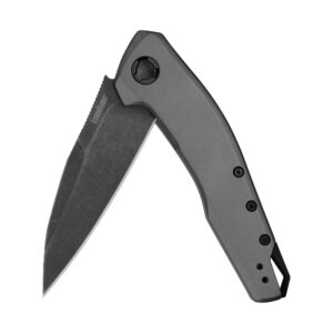 kershaw sanctum pocket knife, curved grey pvd stainless steel handle, 3 inch 8cr13mov blackwash blade, pocketclip