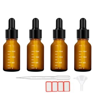 4pcs dropper bottles tincture bottles with dropper glass 0.5oz 15ml thick amber leakproof essential oils bottles eye dropper bottles with 1 funnel & 4 labels