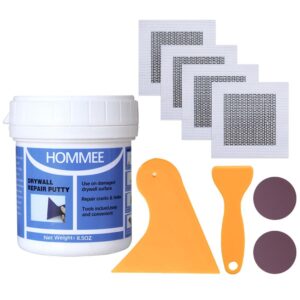 hommee drywall repair kit,drywall hole patch repair kit to fix wall surface holes and creak damage with white repair putty 8.5oz,4pcs 2" aluminum repair patch,scraper,sanding pad fill easy solution