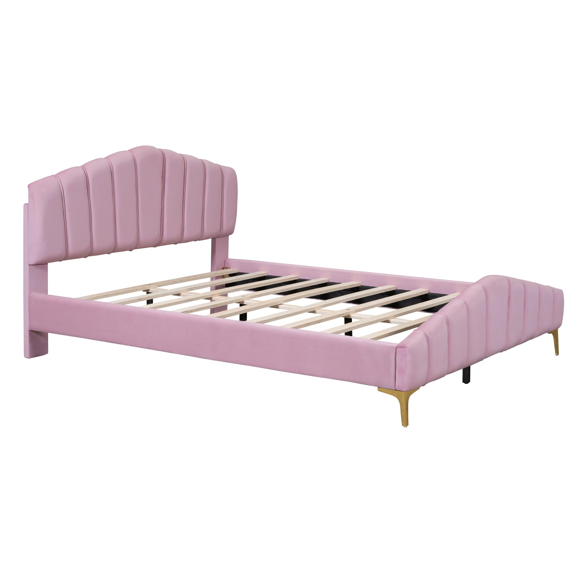 Brisca Queen Size Velvet Platform Bed with Thick Fabric,Stylish Stripe Decorated Bedboard and Elegant Metal Beds Leg,Bedroom Wooden Bed Frame W/Slat Supports,for Kids Teens Adults,Pink