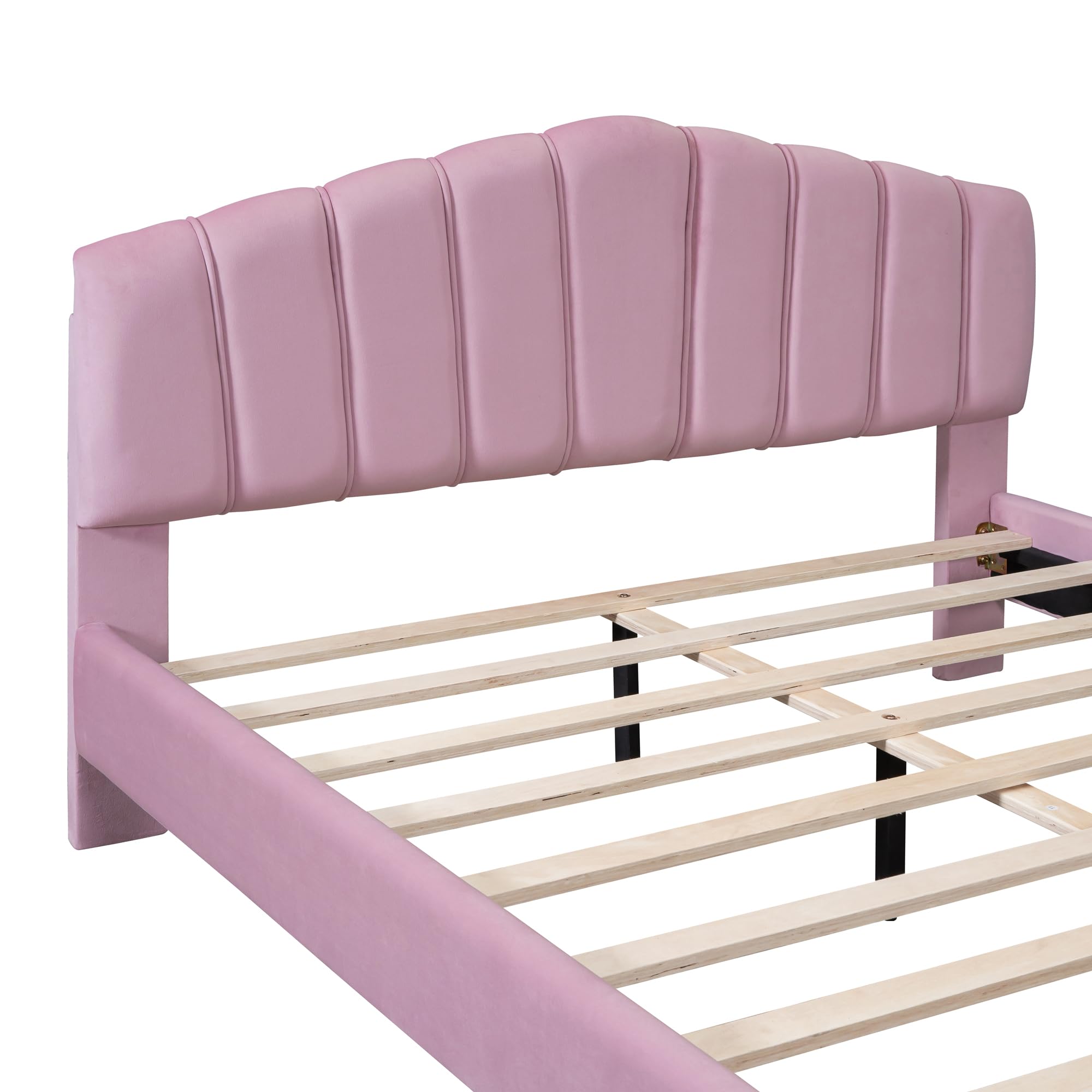 Brisca Queen Size Velvet Platform Bed with Thick Fabric,Stylish Stripe Decorated Bedboard and Elegant Metal Beds Leg,Bedroom Wooden Bed Frame W/Slat Supports,for Kids Teens Adults,Pink