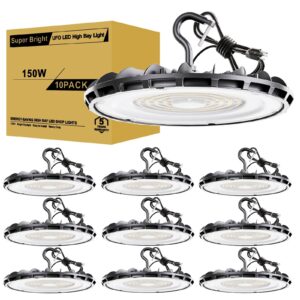 jc-lgl ufo led high bay light 150w 10pack, high bay led shop lights 5000k 16,500lm with us plug, hanging hook, safe rope, waterproof commercial bay lighting for warehouse factory barn shop - ul listed