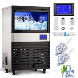 pioneerworks commercial ice maker machine 110lbs/24h, under counter ice machine self cleaning with 27lbs storage, lcd panel and blue light, stainless steel ice maker for restaurant/home/bars/coffee