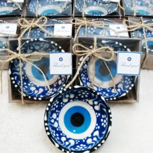 happy party favors 12 pcs wedding favors for guests bulk, bridal shower guest favors, baby shower party favors, evil eye ceramic bowls with jute rope, thank you tag and decorative bowls (12)