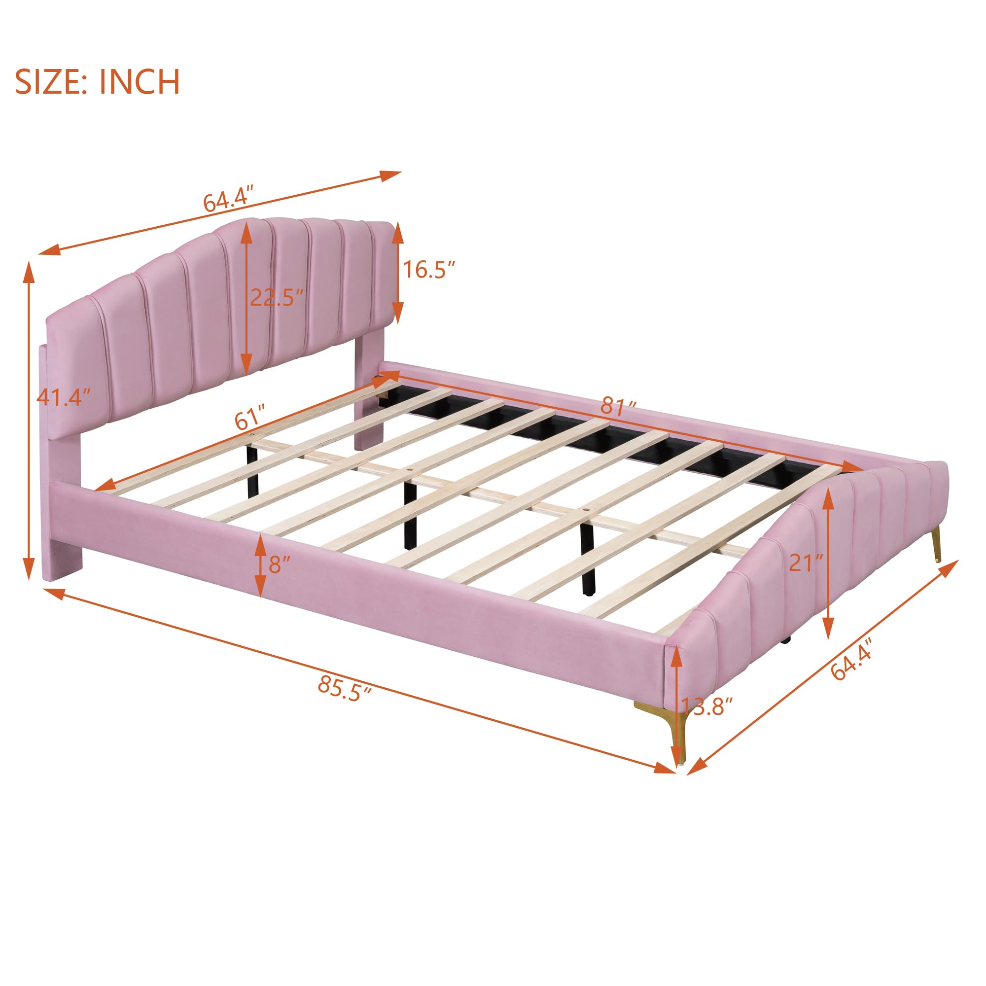 Brisca Queen Size Velvet Platform Bed with Thick Fabric,Stylish Stripe Decorated Bedboard and Elegant Metal Beds Leg,Bedroom Wooden Bed Frame W/Slat Supports,for Kids Teens Adults,Pink