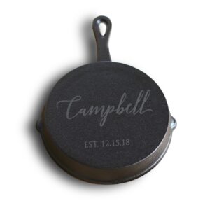 myetchey personalized engraved cast iron pan, customized cast iron skillet, pre-seasoned cast iron pan, cooking pan for stovetop, baking pan, kitchen tool, wedding gift (campbell)