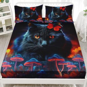 ailonen black cat fitted sheet full size, cat with butterfly bedding set for teens boys girls,magic mushroom bed sheet set,boho style starry night bedsheets set,1 fitted sheet and 2 pillowcases