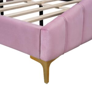 Brisca Queen Size Velvet Platform Bed with Thick Fabric,Stylish Stripe Decorated Bedboard and Elegant Metal Beds Leg,Bedroom Wooden Bed Frame W/Slat Supports,for Kids Teens Adults,Pink