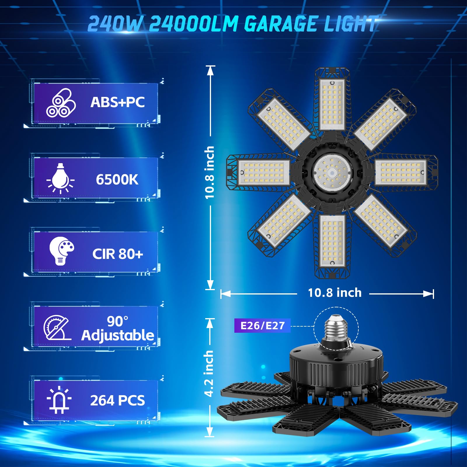 ISKYDRAW Garage Lights - 240W LED Garage Light 2 Pack 24000lm Garage Lights Ceiling LED with 8 Deformable Panels, Shop Light 6500K fit for E26 E27 Bulb Socket, Lighting for Workshop Basement Barn