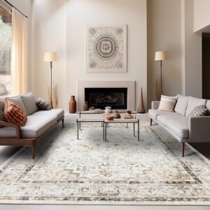 area rugs for living room non-shedding boho rug for bedroom 0.3inch vintage washable non-slip back carpet for home office and other high traffic areas (ivory light orange, 9 * 12)