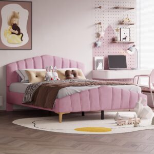 brisca queen size velvet platform bed with thick fabric,stylish stripe decorated bedboard and elegant metal beds leg,bedroom wooden bed frame w/slat supports,for kids teens adults,pink