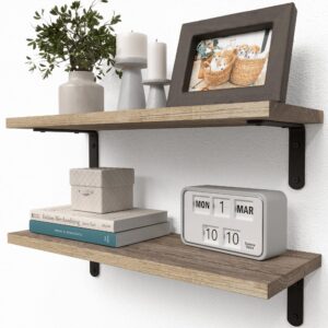 richer house rustic wood shelves set of 2, farmhouse style floating shelf for wall décor, hanging shelves for bathroom, bedroom, storage, kitchen, living room - carbonized black