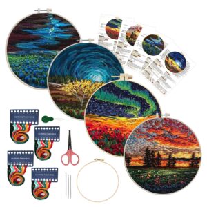 maydear 4 pack embroidery starter kit with pattern, stamped cross stitch kits for beginners adults with embroidery hoop and instructions, hand embroidery kit (embroidery kit flower2)