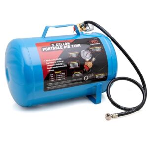 tooluxe 30010l 5 gallon air tank, portable air tank, 125 psi maximum pressure, horizontal air compressor tank, 1/4" npt 40 inch industrial hose & chuck, 140 psi safety valve