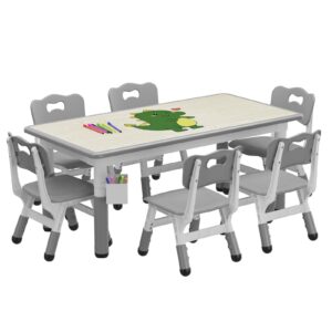 gaomon kids table and 6 chairs set with storage box, height adjustable toddler table and chair set for ages 2-10, graffiti desktop, non-slip legs, children activity table for daycare classroom home