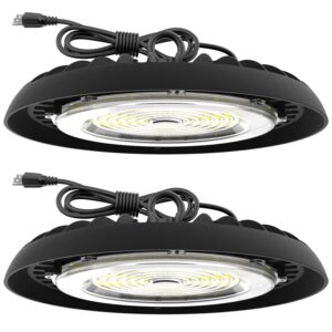 sunco 2 pack ufo led high bay light, plug & play lighting for warehouse, 6000k daylight deluxe, 200w, power cord included, 28000 lm, 120vac, ip65 waterproof shatterproof fixture - ul listed