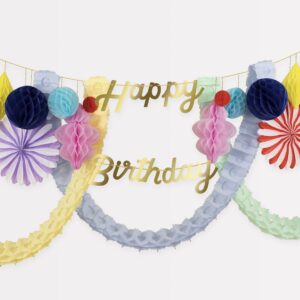 meri meri honeycomb happy birthday banner (pack of 1), 2 strands, 9' birthday party garland (13' including excess cord), meri meri party garland