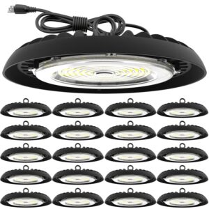 sunco 20 pack ufo led high bay light, plug & play lighting for warehouse, 5000k daylight, 200w, power cord included, 28000 lm, 120vac, ip65 waterproof shatterproof fixture - ul listed