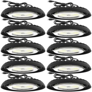 sunco 10 pack ufo led high bay light, plug & play lighting for warehouse, 5000k daylight, 200w, power cord included, 28000 lm, 120vac, ip65 waterproof shatterproof fixture - ul listed