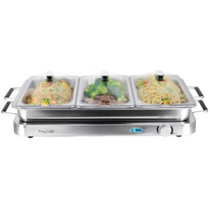 megachef 3-in-1 electric chaffing buffet server and warming tray with triple 2.63 quart trays and 8.6 quart baking pan