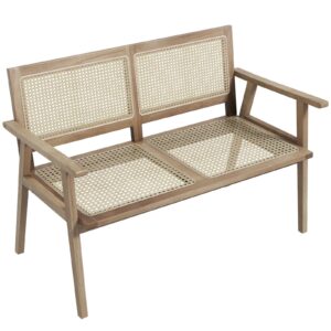 tangkula outdoor teak wood garden bench, 2-person patio bench with armrests, rattan backrest & seat, patio garden bench for porch, lawn, balcony and backyard, natural