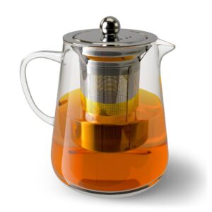 generic glass teapot with removable stainless steel infuser (32oz / 950ml) - high borosilicate, stovetop & microwave safe, heat-resistant tea kettle - blooming & loose leaf tea, clear