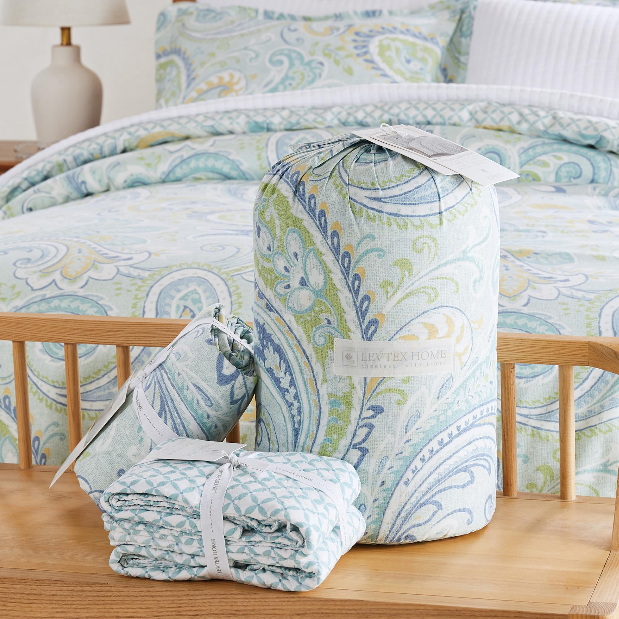 Levtex Home - Cortona Paisley Duvet Cover Set - Full/Queen Duvet Cover (90 x 94in.)+ Two Standard Pillow Cases (26 x 20in.) - Paisley - Green, Yellow, Blue, and White - Cotton