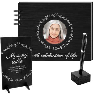 generic funeral guest book, celebration of life decorations, celebration of life guest book, guest book for funeral, funeral guest book for memorial service with table card, pen & stand, wood book