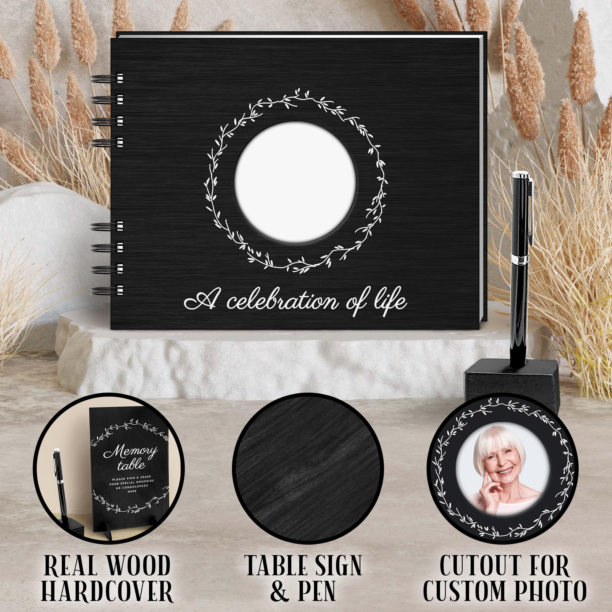 Generic Funeral Guest Book, Celebration of Life Decorations, Celebration of Life Guest Book, Guest Book for Funeral, Funeral Guest Book for Memorial Service with Table Card, Pen & Stand, Wood Book