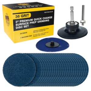 dura-gold 3" 36 grit quick change zirconia coarse cut grinding disc set, 25 discs & backing pad - r-type roll lock sandpaper discs