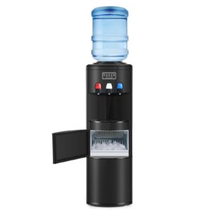 icepure water dispenser with ice maker, 3-in-1 hot and cold water cooler with built-in bullet ice maker machine, 26.5lbs/24h, top loading for 3-5 gallon bottle, child safety lock, black