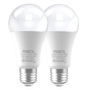 rimol radar motion sensor outdoor light bulb, 12 watts (100 watt equivalent) a19 daylight led bulbs motion detector light bulbs for outside, porch, garage, e26 base, 2 pack