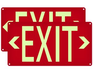 (2 pack) photoluminescent exit sign red - with removable directional arrows, with strong self adhesive tape, 14.25 x 7.5 inches heavy duty aluminum signs, fade resistant