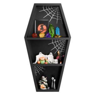 beskadi goth coffin bookshelf 24 inches with spider web, wooden tall coffin shelf stand gothic decor, crystal shelf for display, black spooky curio shelf for home decor, witchy room decor for oddities