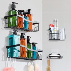 chicchichomes shower caddy 4 pack, no drilling adhesive wall mounted shower organizer for bathroom storage&kitchen, large capacity rustproof stainless steel shower shelf, ruggedized, black