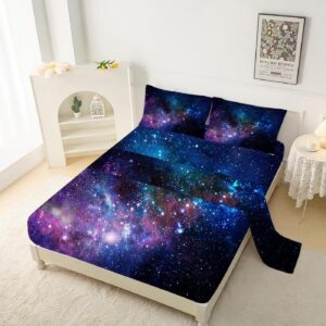 kxry blue purple galaxy fitted sheet sets queen size for boys kids teens outer space starry sky universe bedding set 1 fitted sheet + 1 flat sheet + 2 pillow cases