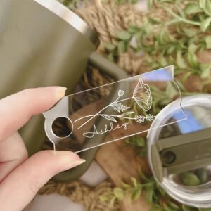 personalized stanl-y tumbler name plates, birth month flower laser engraved stanl-y cup name plate for lid,custom acrylic stanl-y name tag for quencher h2.0 14 20 30 40 oz, tumbler lid topper