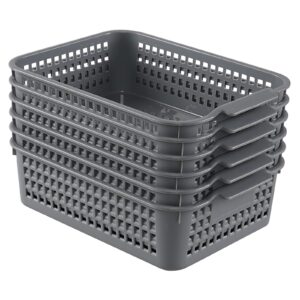 julyeen 6 pack large plastic storage rectangle baskets bin, desktop organizer tote basket, grey