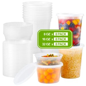 aozita 24 sets plastic deli food containers with lids, 8 oz 16oz 32oz variety pack, airtight food storage containers, freezer/dishwasher/microwave safe, soup containers for takeout food storage