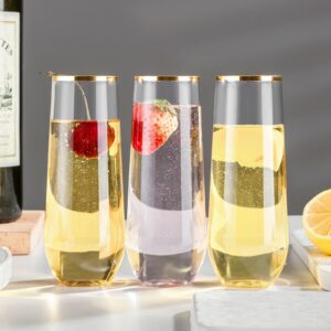 Lueumxc 48 Pack Plastic Champagne Flutes, 9 Oz Plastic Stemless Champagne Flutes Disposable Gold Rim Clear Plastic Toasting Glasses Shatterproof Recyclable and BPA-Free Perfect For Wedding