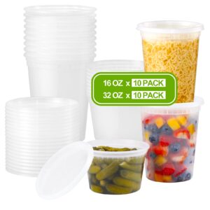 aozita 20 sets plastic deli food containers with lids 16oz, 32oz variety pack, airtight food storage containers, freezer/dishwasher/microwave safe, soup containers for takeout meal prep storage