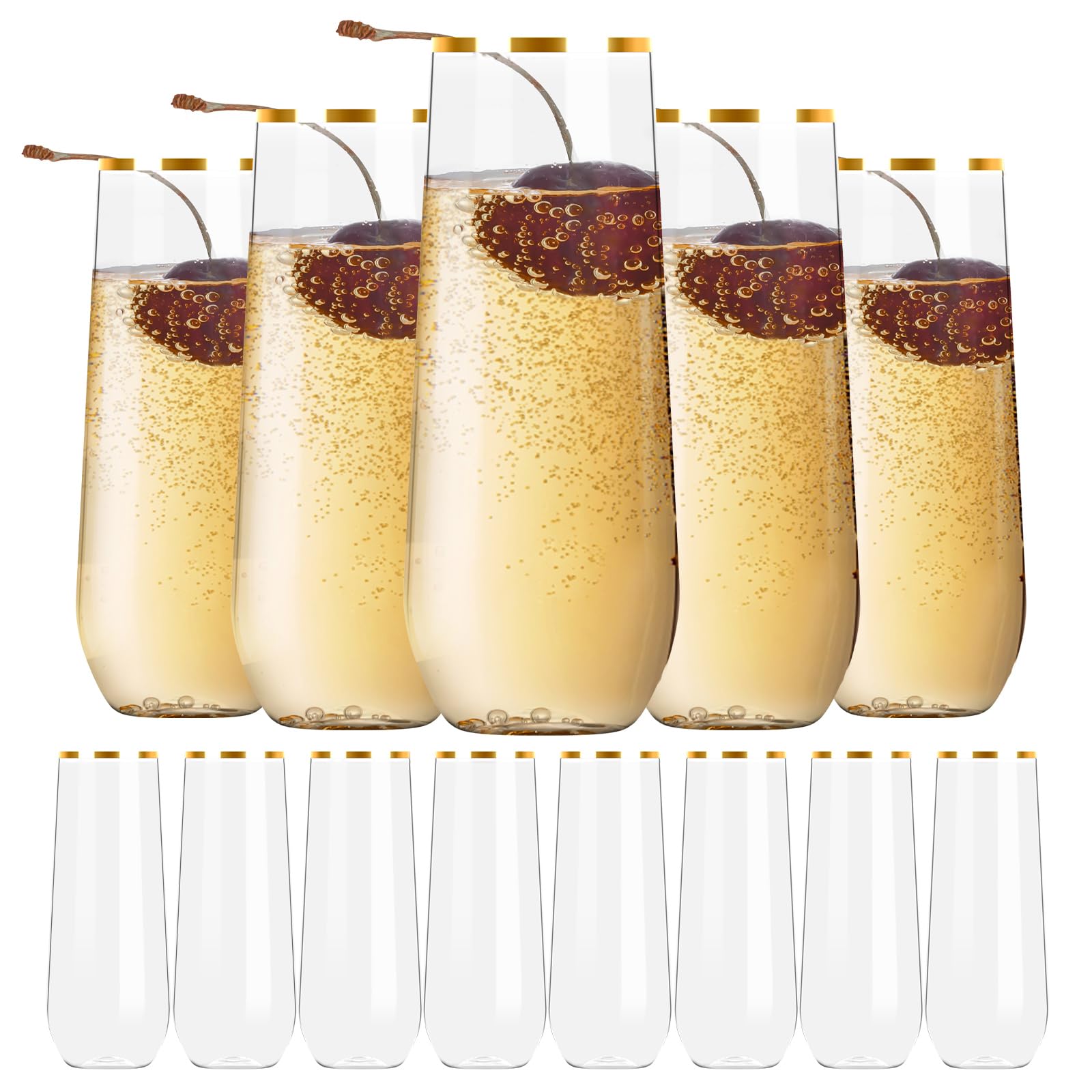 Lueumxc 48 Pack Plastic Champagne Flutes, 9 Oz Plastic Stemless Champagne Flutes Disposable Gold Rim Clear Plastic Toasting Glasses Shatterproof Recyclable and BPA-Free Perfect For Wedding